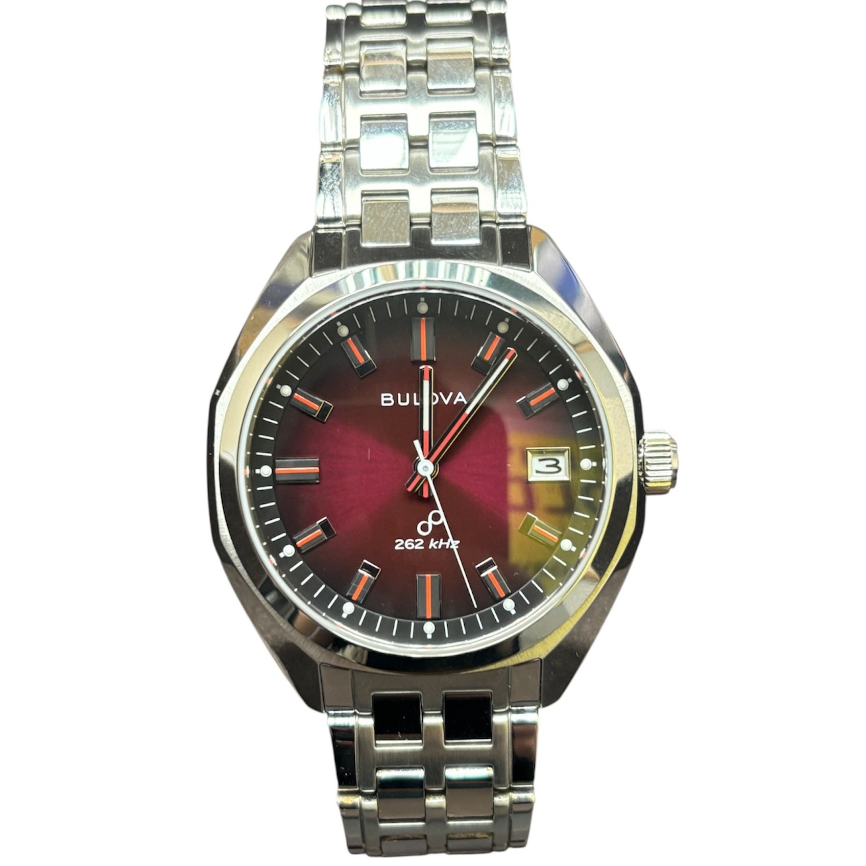 Pre-owned Bulova 96B401 Jet Star Stainless Steel Bracelet Red Dial ...