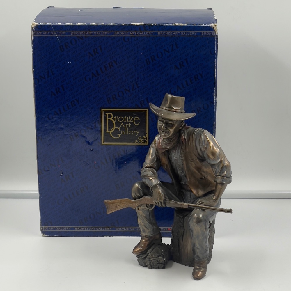 JOHN WAYNE SITTING ON LOG BRONZE ART GALLERY STATUE - Own4Less